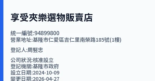 享受夾樂選物販賣店的照片-統編 94899800(基隆市) 公司登記資料與營業項目詳細圖表