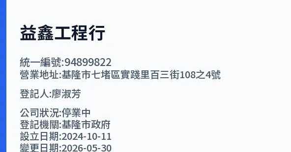 益鑫工程行的照片-統編 94899822(基隆市) 公司登記資料與營業項目詳細圖表