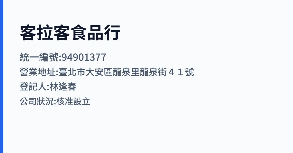 客拉客食品行 - 統編 94901377(臺北市) 公司登記資料與營業項目詳細圖表