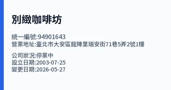 別緻咖啡坊的照片-統編 94901643(臺北市) 公司登記資料與營業項目詳細圖表