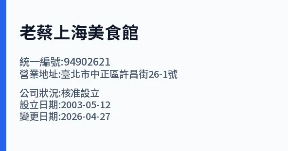 老蔡上海美食館的照片-統編 94902621(臺北市) 公司登記資料與營業項目詳細圖表