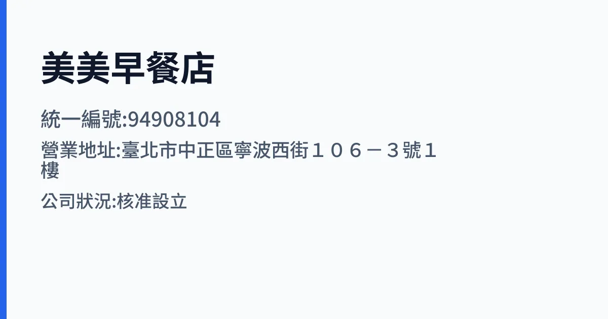美美早餐店 - 統編 94908104(臺北市) 公司登記資料與營業項目詳細圖表