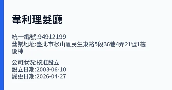 韋利理髮廳的照片-統編 94912199(臺北市) 公司登記資料與營業項目詳細圖表