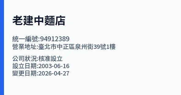 老建中麵店的照片-統編 94912389(臺北市) 公司登記資料與營業項目詳細圖表