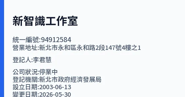 新智識工作室的照片-統編 94912584(新北市) 公司登記資料與營業項目詳細圖表