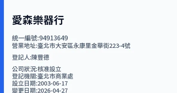 愛森樂器行的照片-統編 94913649(臺北市) 公司登記資料與營業項目詳細圖表