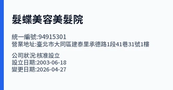 髮蝶美容美髮院的照片-統編 94915301(臺北市) 公司登記資料與營業項目詳細圖表