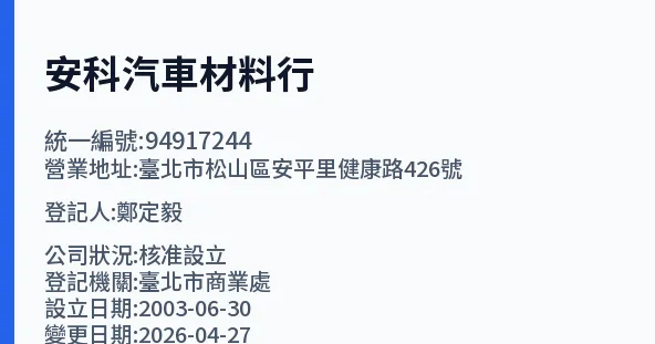 安科汽車材料行的照片-統編 94917244(臺北市) 公司登記資料與營業項目詳細圖表