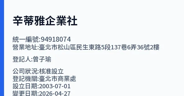 辛蒂雅企業社的照片-統編 94918074(臺北市) 公司登記資料與營業項目詳細圖表