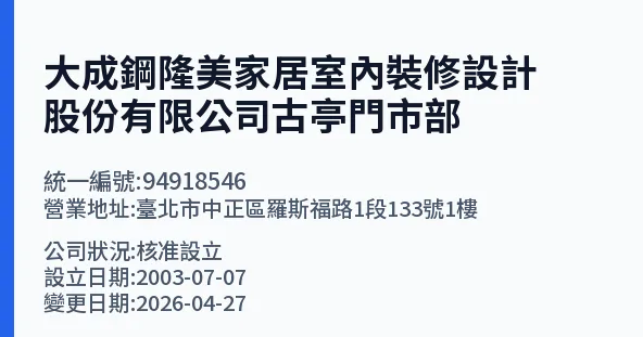 大成鋼隆美家居室內裝修設計股份有限公司古亭門市部的照片-統編 94918546(臺北市) 公司登記資料與營業項目詳細圖表