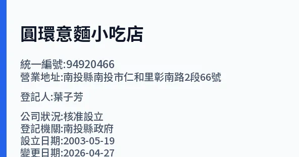 圓環意麵小吃店的照片-統編 94920466(南投縣) 公司登記資料與營業項目詳細圖表