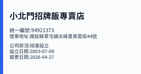 小北門招牌飯專賣店的照片-統編 94921373(南投縣) 公司登記資料與營業項目詳細圖表
