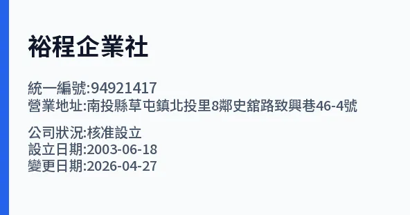 裕程企業社的照片-統編 94921417(南投縣) 公司登記資料與營業項目詳細圖表