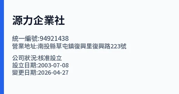 源力企業社的照片-統編 94921438(南投縣) 公司登記資料與營業項目詳細圖表