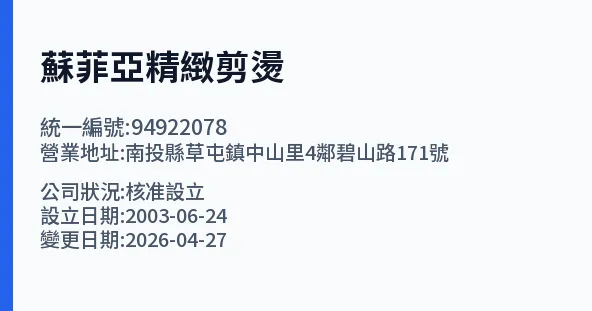 蘇菲亞精緻剪燙的照片-統編 94922078(南投縣) 公司登記資料與營業項目詳細圖表