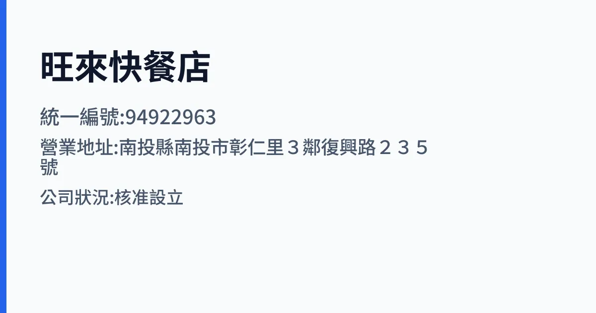 旺來快餐店 - 統編 94922963(南投縣) 公司登記資料與營業項目詳細圖表