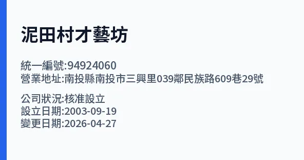 泥田村才藝坊的照片-統編 94924060(南投縣) 公司登記資料與營業項目詳細圖表