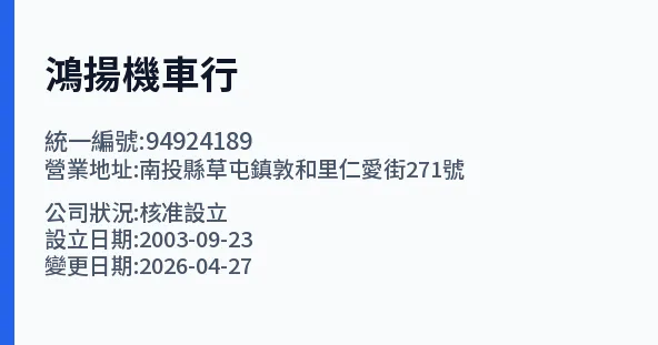 鴻揚機車行的照片-統編 94924189(南投縣) 公司登記資料與營業項目詳細圖表