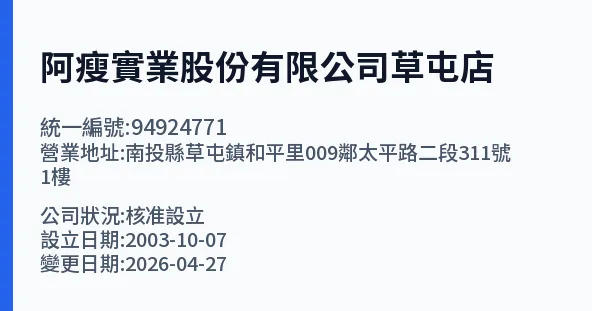 阿瘦實業股份有限公司草屯店的照片-統編 94924771(南投縣) 公司登記資料與營業項目詳細圖表