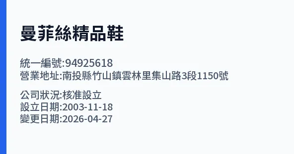 曼菲絲精品鞋的照片-統編 94925618(南投縣) 公司登記資料與營業項目詳細圖表