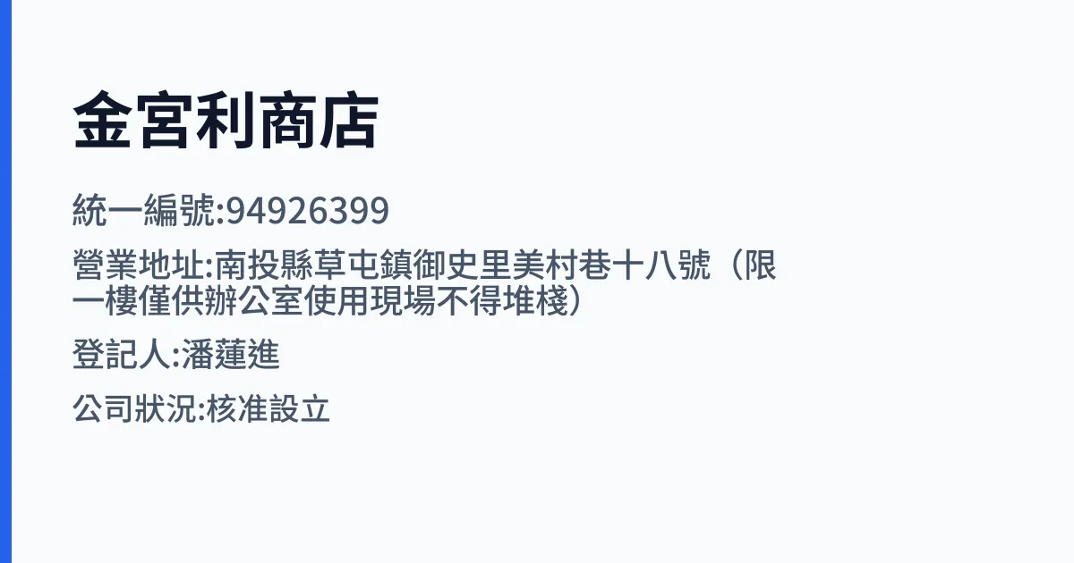 金宮利商店 - 統編 94926399(南投縣) 公司登記資料與營業項目詳細圖表
