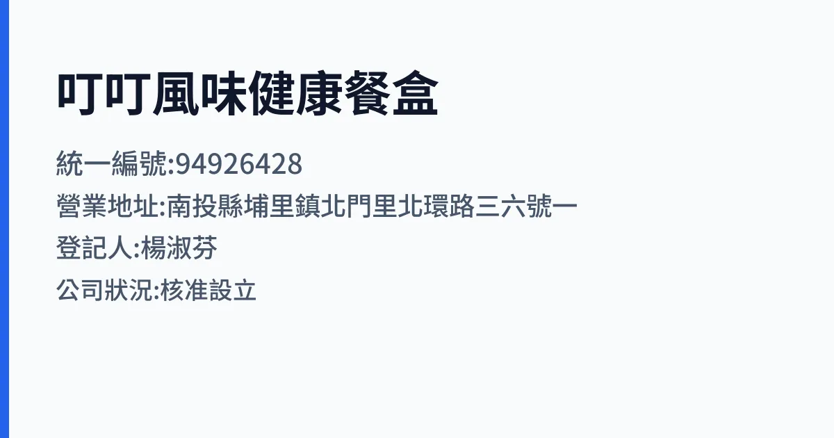 叮叮風味健康餐盒 - 統編 94926428(南投縣) 公司登記資料與營業項目詳細圖表