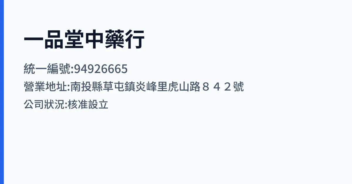 一品堂中藥行 - 統編 94926665(南投縣) 公司登記資料與營業項目詳細圖表