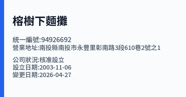 榕樹下麵攤的照片-統編 94926692(南投縣) 公司登記資料與營業項目詳細圖表