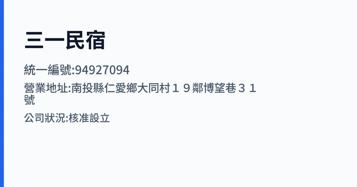 三一民宿 - 統編 94927094(南投縣) 公司登記資料與營業項目詳細圖表
