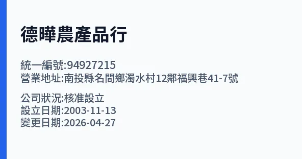 德曄農產品行的照片-統編 94927215(南投縣) 公司登記資料與營業項目詳細圖表