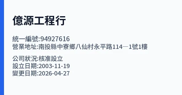 億源工程行的照片-統編 94927616(南投縣) 公司登記資料與營業項目詳細圖表