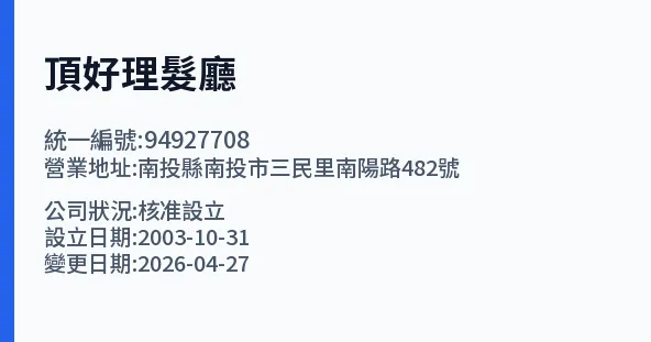 頂好理髮廳的照片-統編 94927708(南投縣) 公司登記資料與營業項目詳細圖表