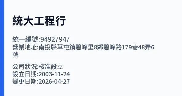 統大工程行的照片-統編 94927947(南投縣) 公司登記資料與營業項目詳細圖表