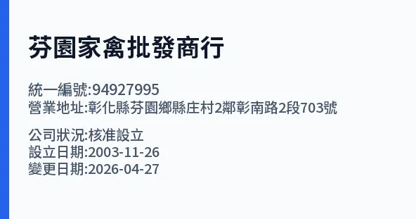 芬園家禽批發商行的照片-統編 94927995(彰化縣) 公司登記資料與營業項目詳細圖表