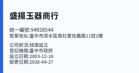 盛揚玉器商行的照片-統編 94928544(臺中市) 公司登記資料與營業項目詳細圖表