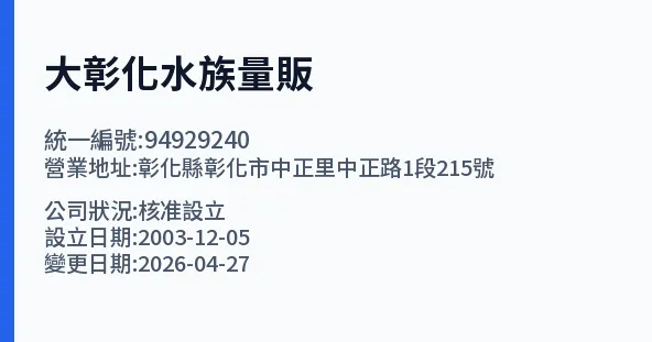 大彰化水族量販的照片-統編 94929240(彰化縣) 公司登記資料與營業項目詳細圖表