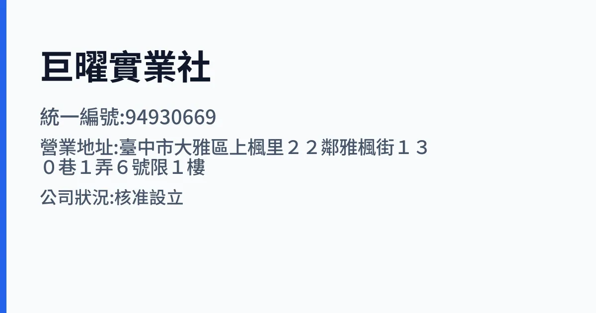 巨曜實業社 - 統編 94930669(臺中市) 公司登記資料與營業項目詳細圖表
