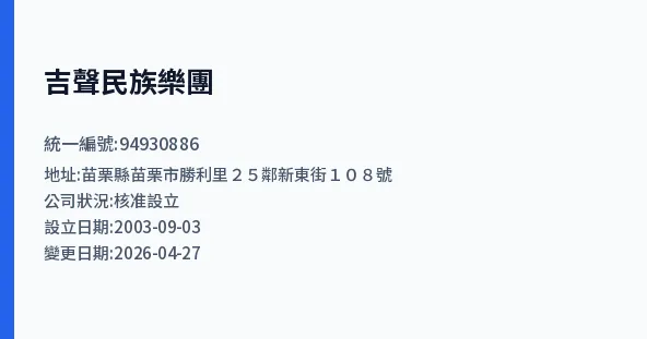 吉聲民族樂團的照片-統編 94930886(苗栗縣) 公司登記資料與營業項目詳細圖表