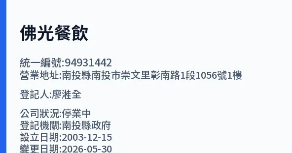 佛光餐飲的照片-統編 94931442(南投縣) 公司登記資料與營業項目詳細圖表