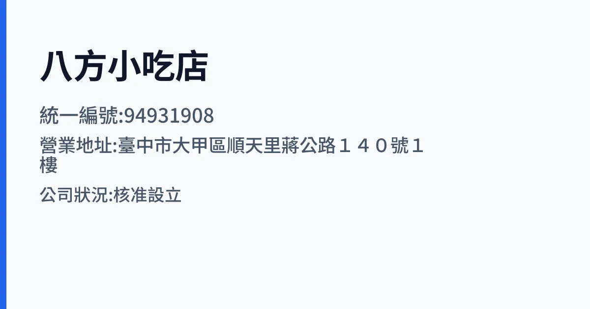 八方小吃店 - 統編 94931908(臺中市) 公司登記資料與營業項目詳細圖表