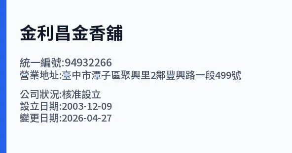 金利昌金香舖的照片-統編 94932266(臺中市) 公司登記資料與營業項目詳細圖表