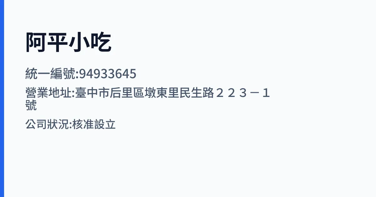 阿平小吃 - 統編 94933645 (臺中市) 公司登記資料與營業項目詳細圖表