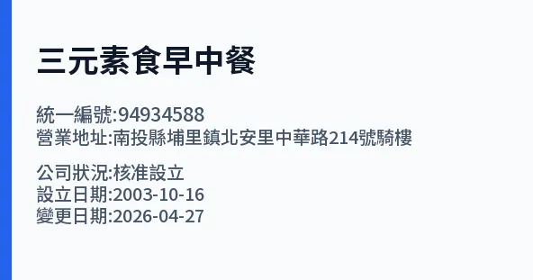 三元素食早中餐的照片-統編 94934588(南投縣) 公司登記資料與營業項目詳細圖表