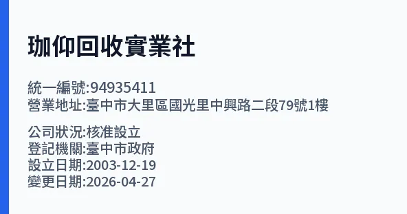 珈仰回收實業社的照片-統編 94935411(臺中市) 公司登記資料與營業項目詳細圖表