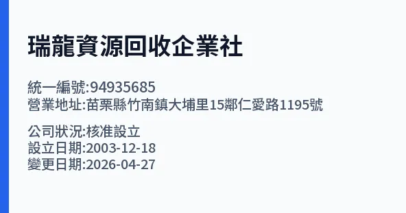 瑞龍資源回收企業社的照片-統編 94935685(苗栗縣) 公司登記資料與營業項目詳細圖表