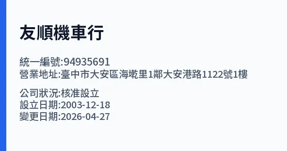 友順機車行的照片-統編 94935691(臺中市) 公司登記資料與營業項目詳細圖表
