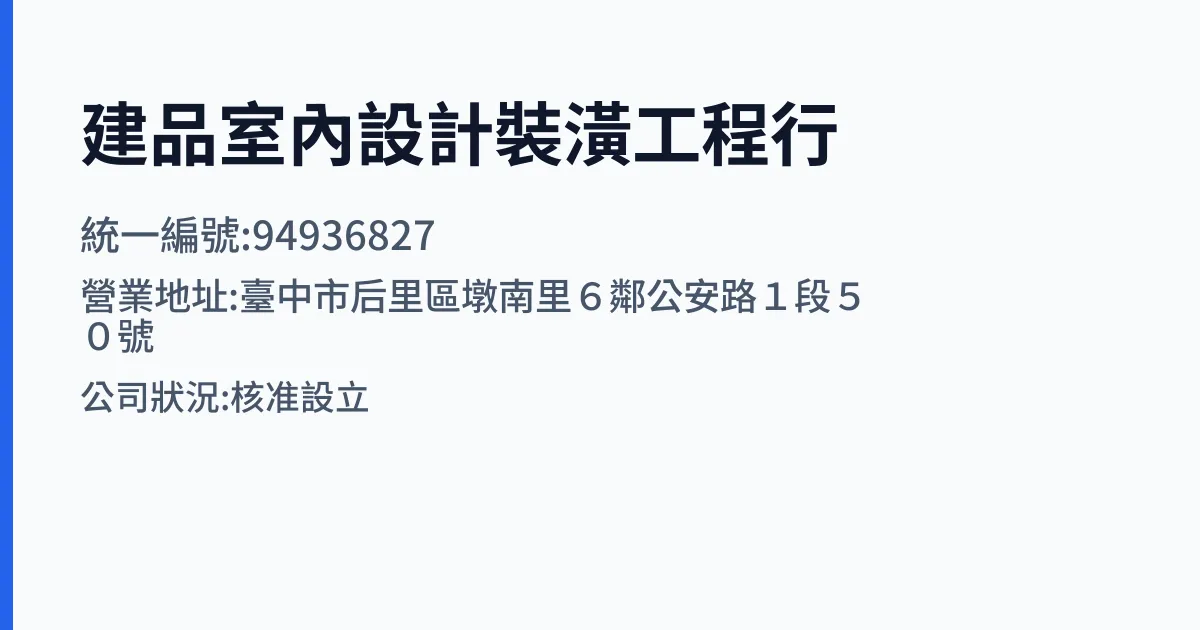建品室內設計裝潢工程行 - 統編 94936827(臺中市) 公司登記資料與營業項目詳細圖表