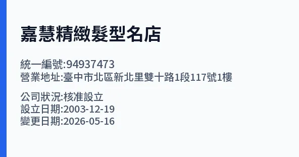 嘉慧精緻髮型名店的照片-統編 94937473(臺中市) 公司登記資料與營業項目詳細圖表