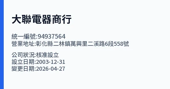 大聯電器商行的照片-統編 94937564(彰化縣) 公司登記資料與營業項目詳細圖表