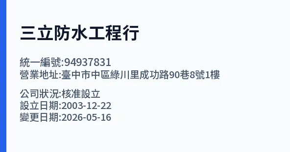 三立防水工程行的照片-統編 94937831(臺中市) 公司登記資料與營業項目詳細圖表